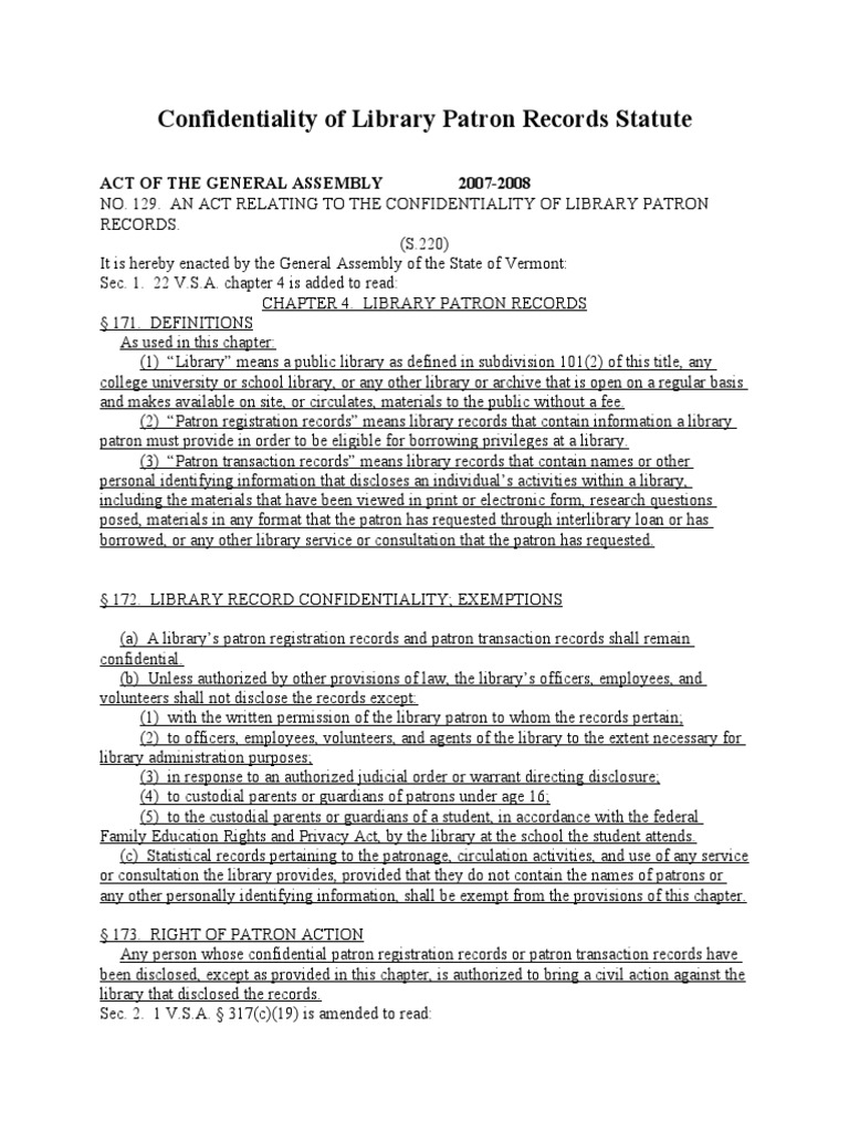Confidentiality of Library Patron Records | PDF | Libraries | Civil ...
