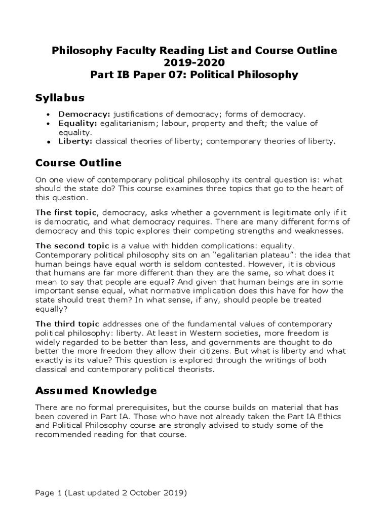 Philosophy Faculty Reading List and Course Outline 2019-2020 Part IB ...