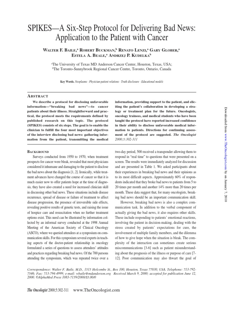 SPIKES-A Six-Step Protocol For Delivering Bad News: Application To The ...