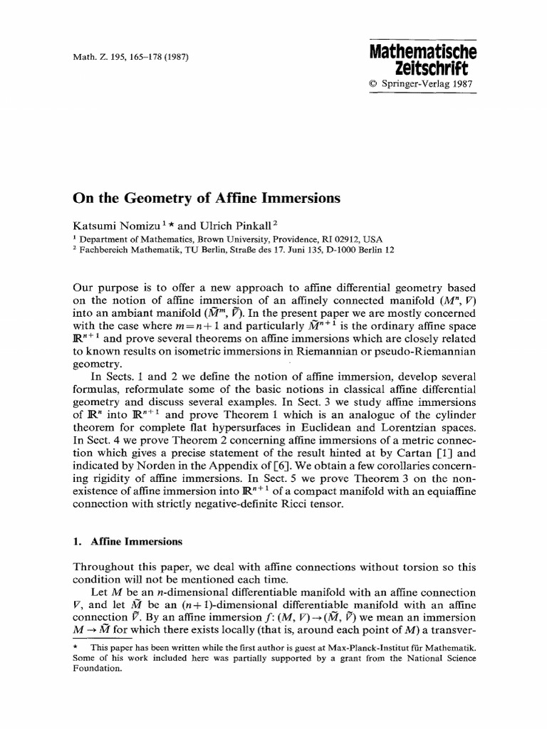Nomizu, Pinkall - 1987 - On The Geometry of Affine Immersions | PDF | Euclidean Space ...
