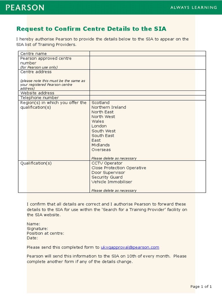 Security Centre Details To SIA Request Form | PDF