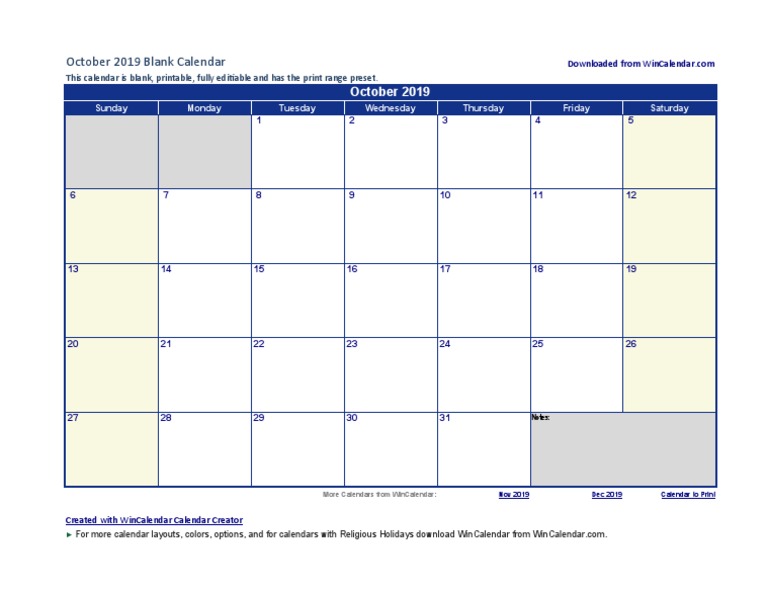 October 2019 Printable Calendar | PDF