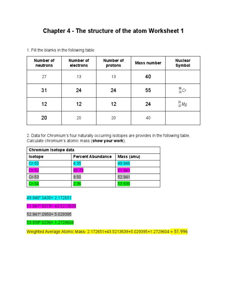 Chapter 4 The Structure of The Atom Worksheet 1 | PDF | Isotope | Atoms