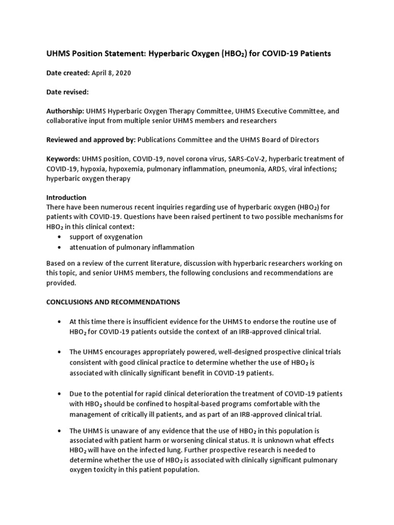 Hyperbaric Oxygen Therapy for COVID-19 | PDF | Clinical Trial | Medicine