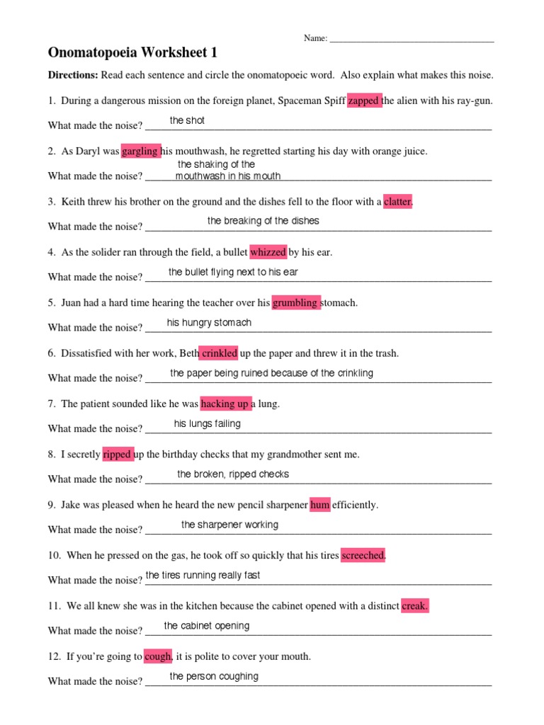 Onomatopoeia Worksheet 1 | PDF