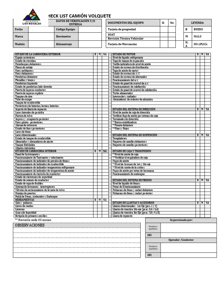 Check List Camion Volquete | Descargar gratis PDF | Vehículos ...