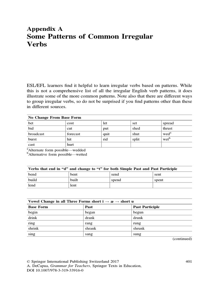 Some Patterns of Common Irregular Verbs: Appendix A | PDF | Language Mechanics | Semantics