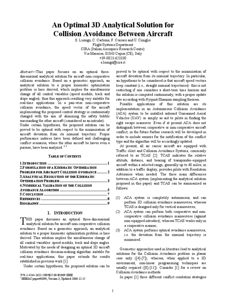 An Optimal 3D Analytical Solution For Collision Avoidance Between Aircraft | PDF | Mathematical ...