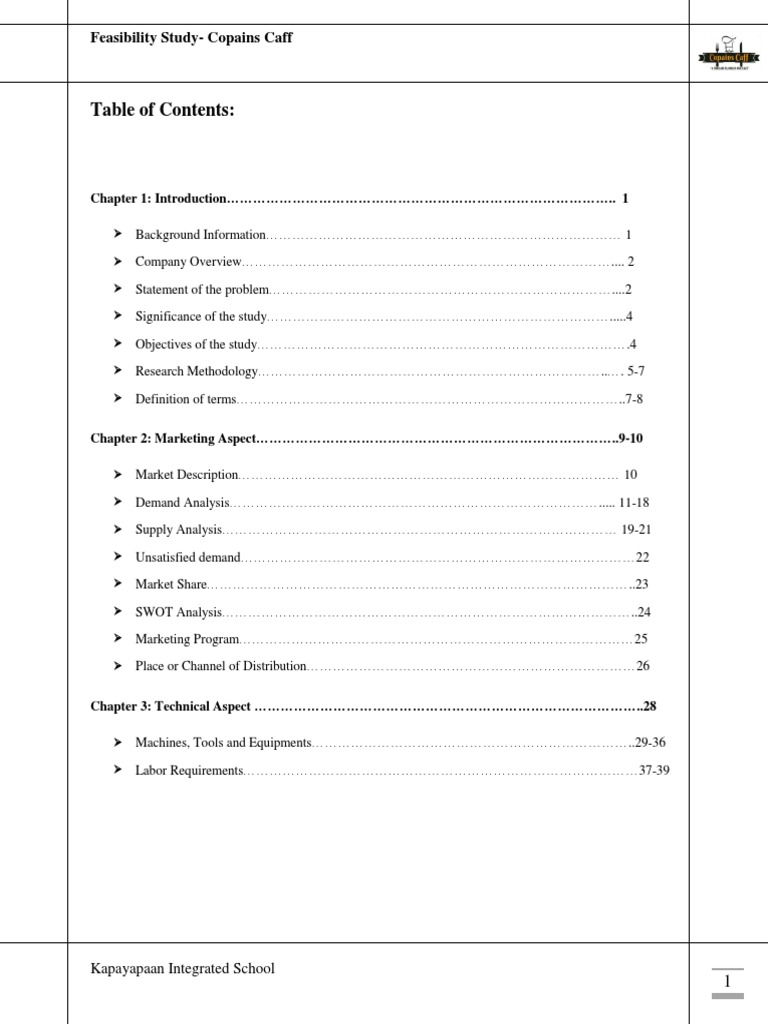 Table of Contents:: Feasibility Study-Copains Caff | PDF