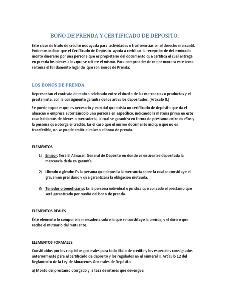 Resumen De Bono De Prenda Y Certificado De Deposito Pdf Instrumento