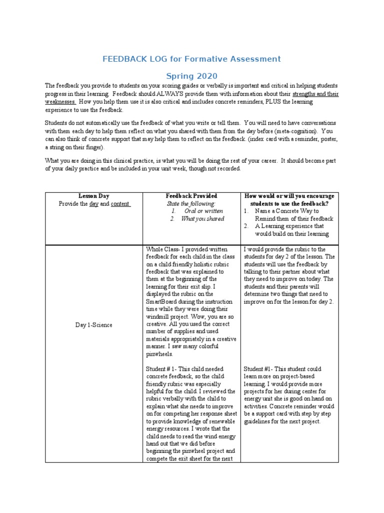 FEEDBACK LOG For Formative Assessment Spring 2020 | PDF | Rubric ...