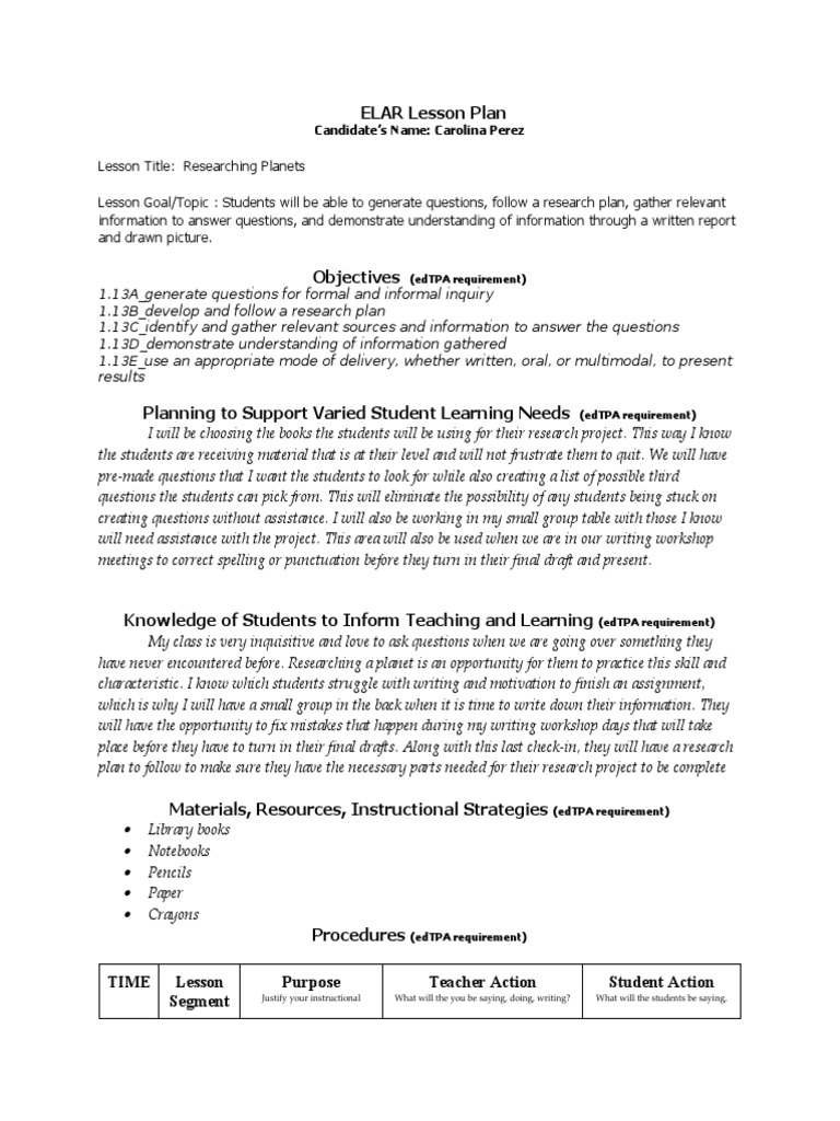 ELAR Lesson Plan: Candidate's Name: Carolina Perez | Download Free PDF ...