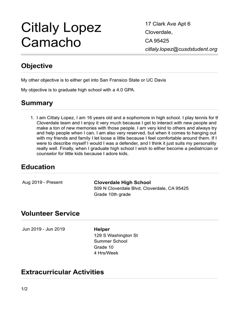 Citlalys 10th Grade Resume 1 | PDF