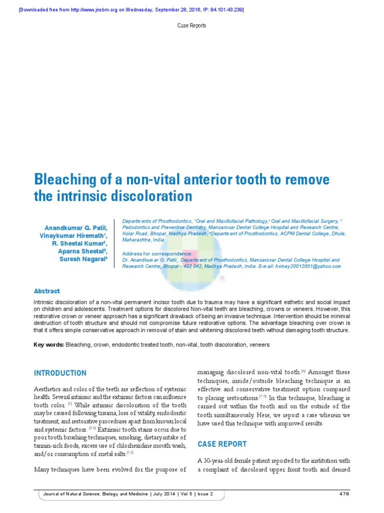 Bleaching of A Non-Vital Anterior Tooth To Remove | PDF | Human Tooth ...