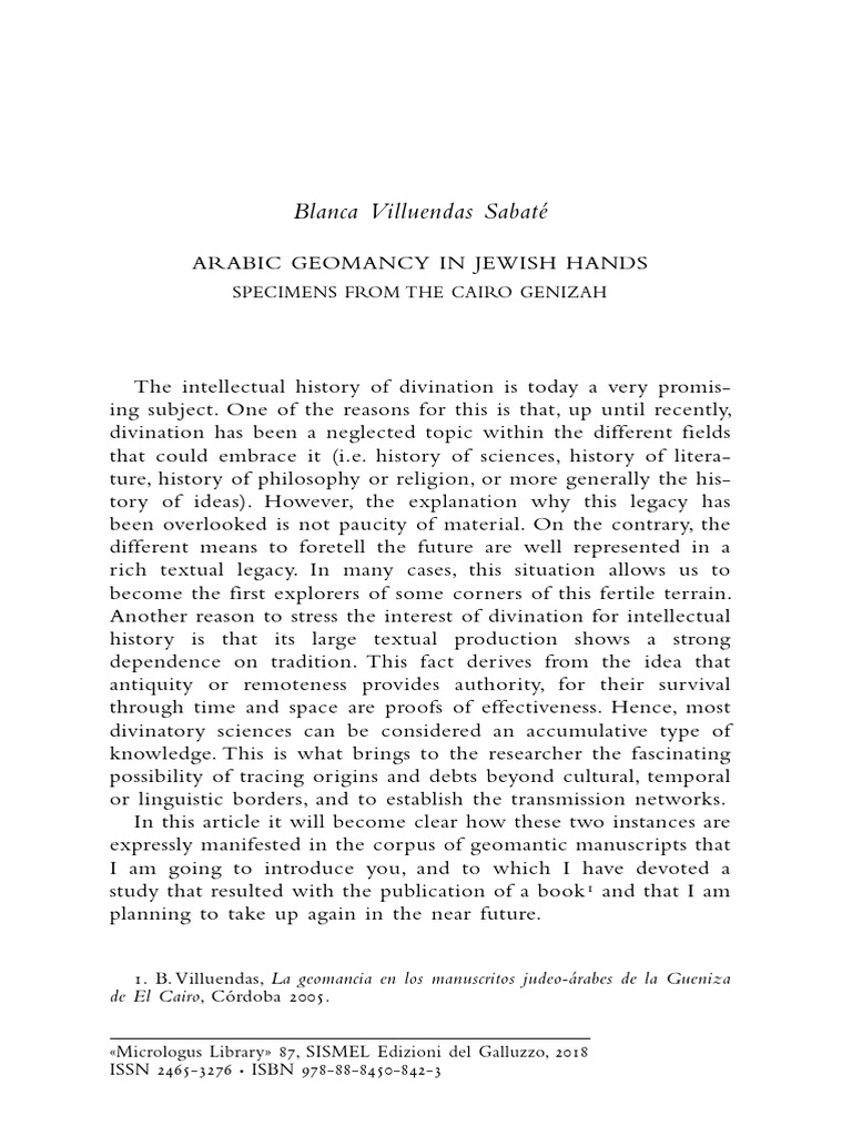 Arabic Geomancy in Jewish Hands: A Study of Geomantic Manuscripts from ...