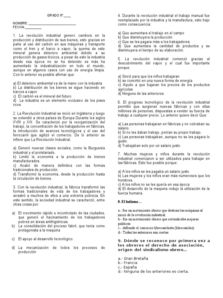 Evaluación sobre la Revolución Industrial | PDF | Revolución industrial ...