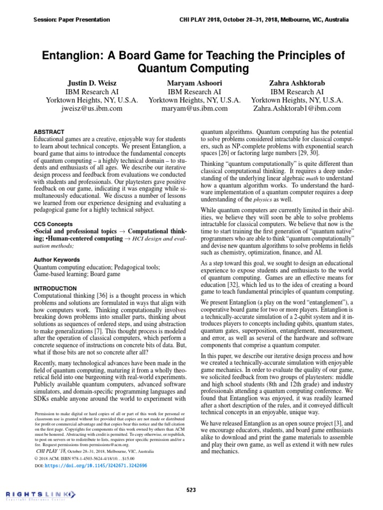 Entanglion A Board Game For Teaching The Principles of Quantum ...