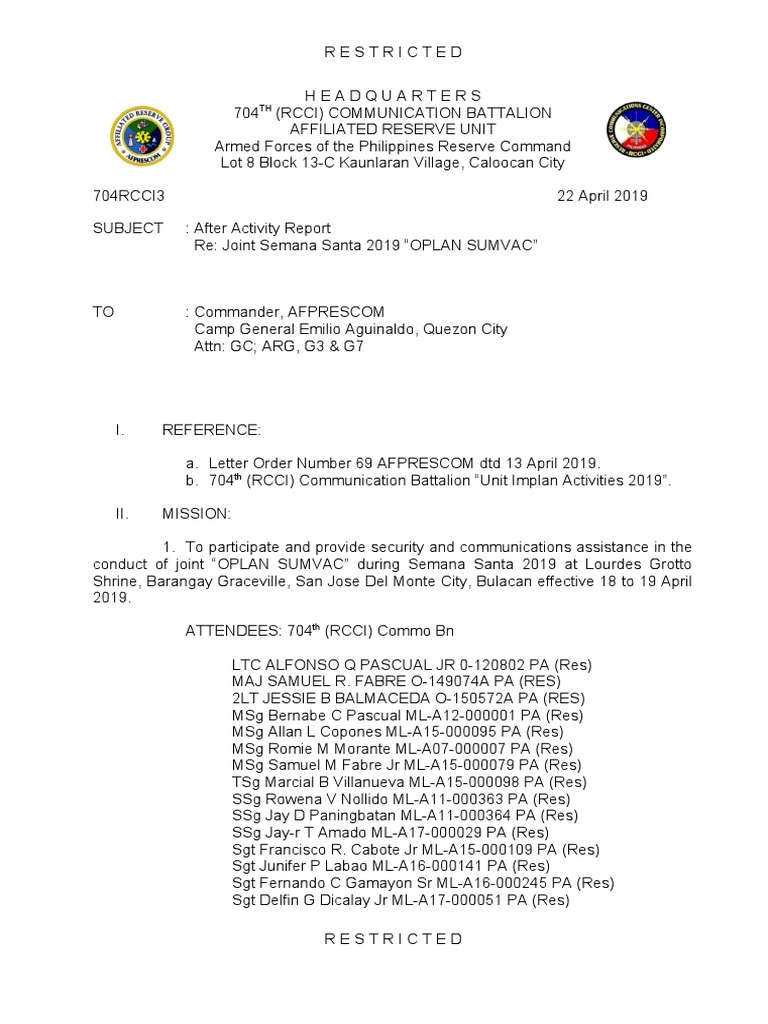 AFP Reserve OPLAN SUMVAC 2019 Report | PDF | National Security ...
