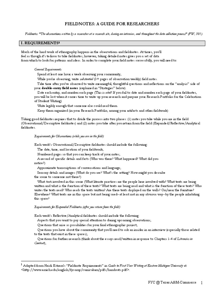 Fieldnotes: A Guide For Researchers: I. Requirements | PDF | Field ...