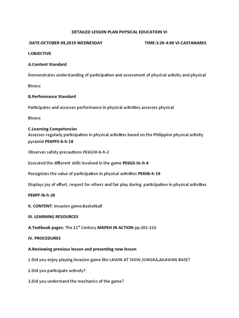 Detailed Lesson Plan Physical Education Vi Oct 09 | PDF | Lesson Plan ...