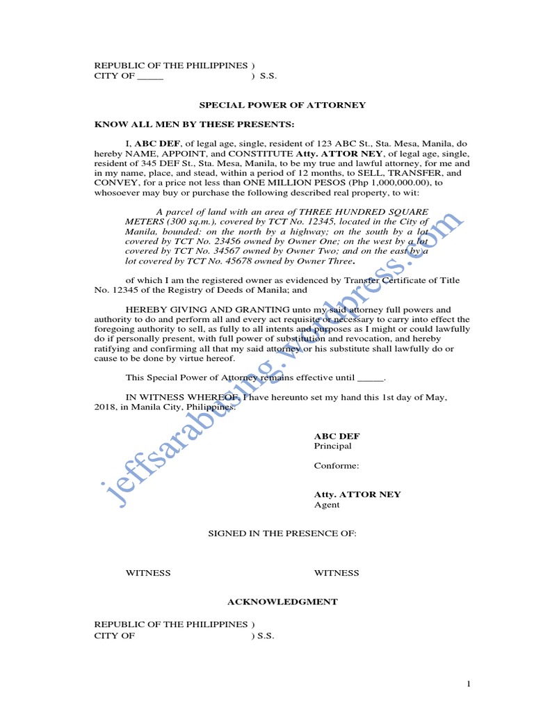 Affidavit - Special Power of Attorney To Sell A Parcel of Land | PDF ...