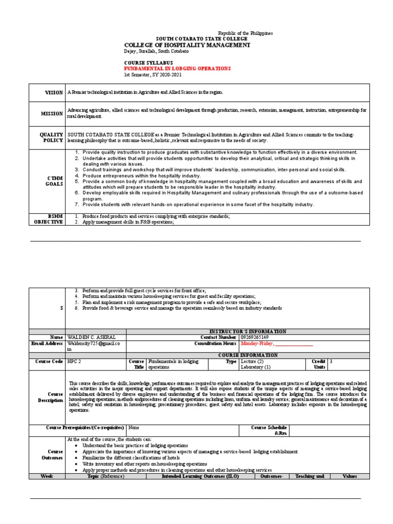 Fundamentals in Lodging Operations OBE | PDF | Hotel | Test (Assessment)
