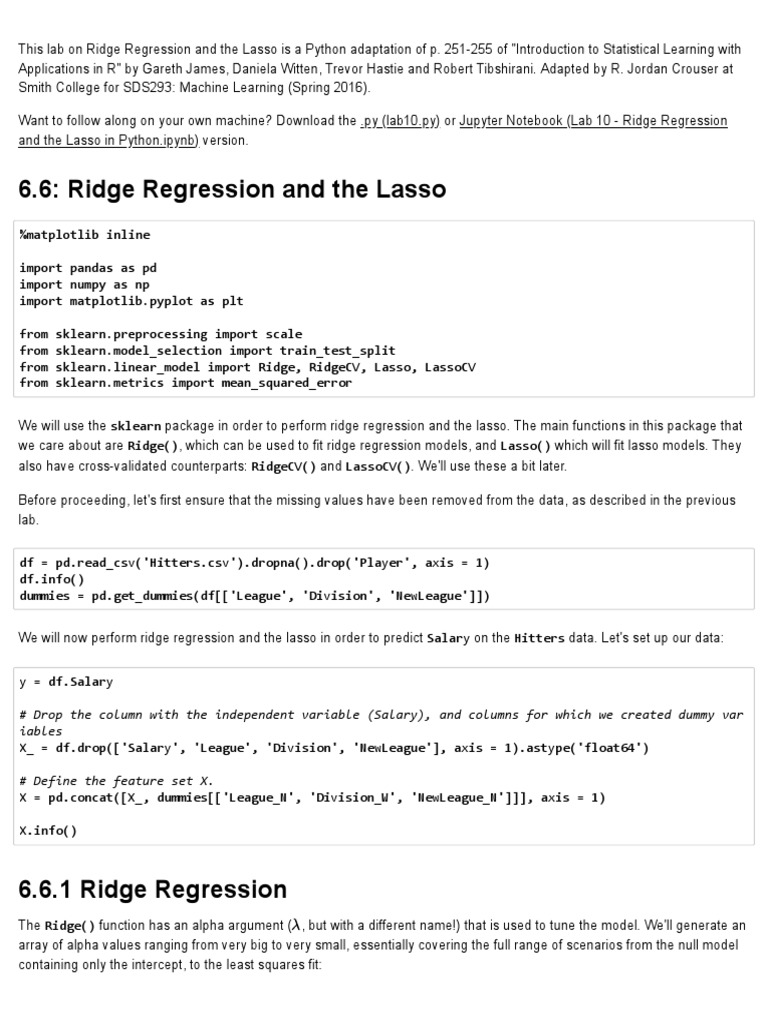 Ridge and Lasso in Python PDF | Download Free PDF | Cross Validation (Statistics) | Mean Squared ...