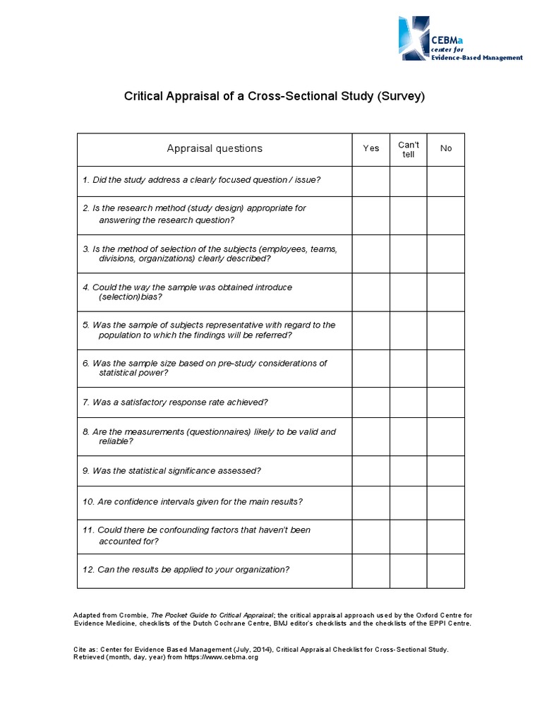 Critical Appraisal Questions For A Cross Sectional Study July 2014 ...