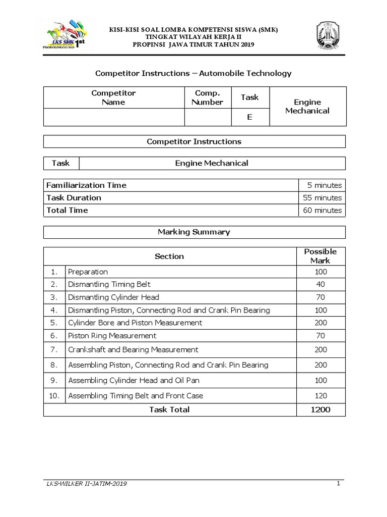 Task - E Engine Mechanical, LKS-2019 WILKER 2 JATIM Automobile | PDF ...