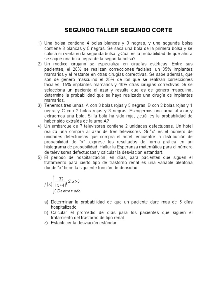 Segundo Taller Segundo Corte Probabilidad y Estadistica | PDF | Métodos y materiales de ...