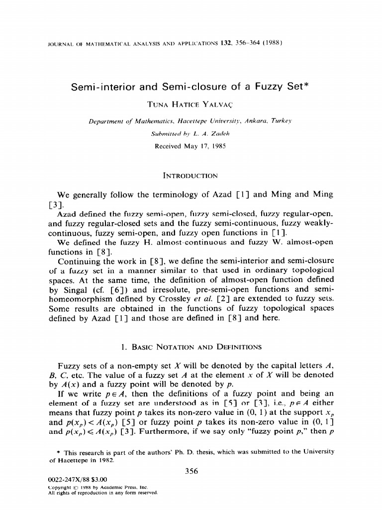 Semi-Interior and Semi-Closure of A Fuzzy Set : Tuna Hatice Yalva | PDF | Theorem | Continuous ...