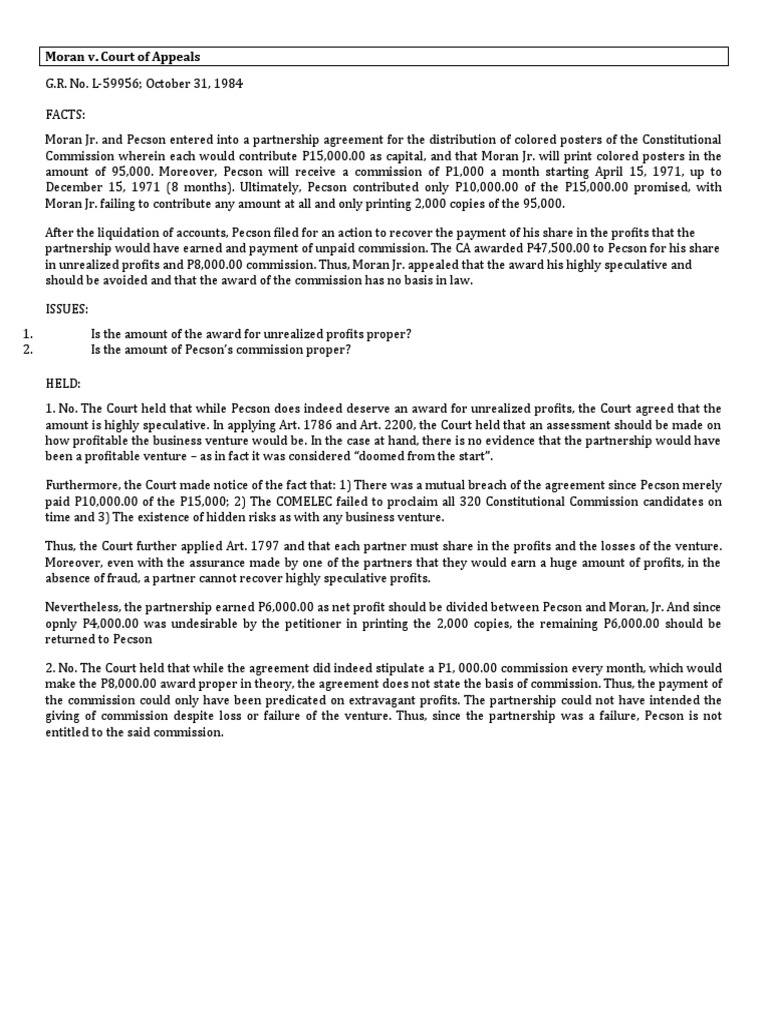 Moran V CA | PDF | Partnership | Damages