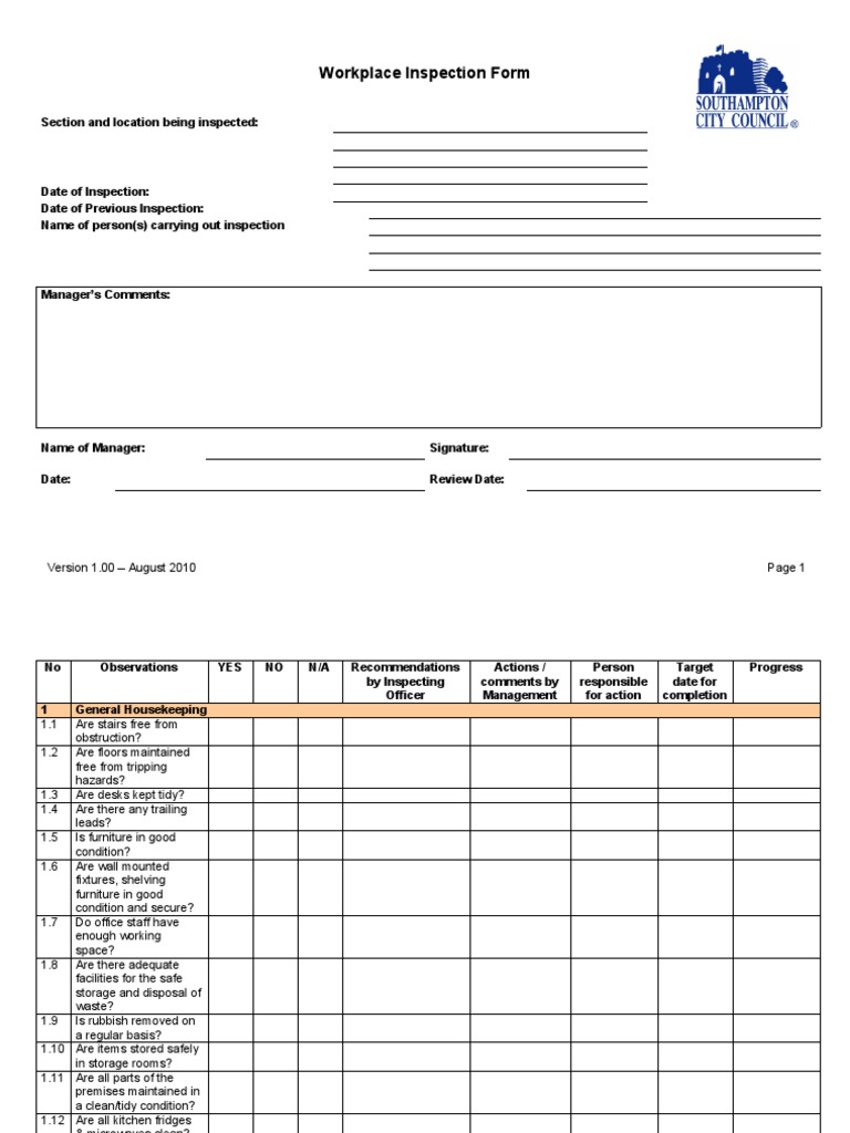 Workplace Inspection Form: Section and Location Being Inspected | PDF ...