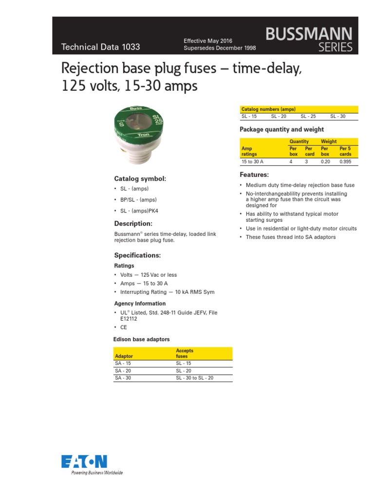 Rejection Base Plug Fuses - Time-Delay, 125 Volts, 15-30 Amps | PDF ...