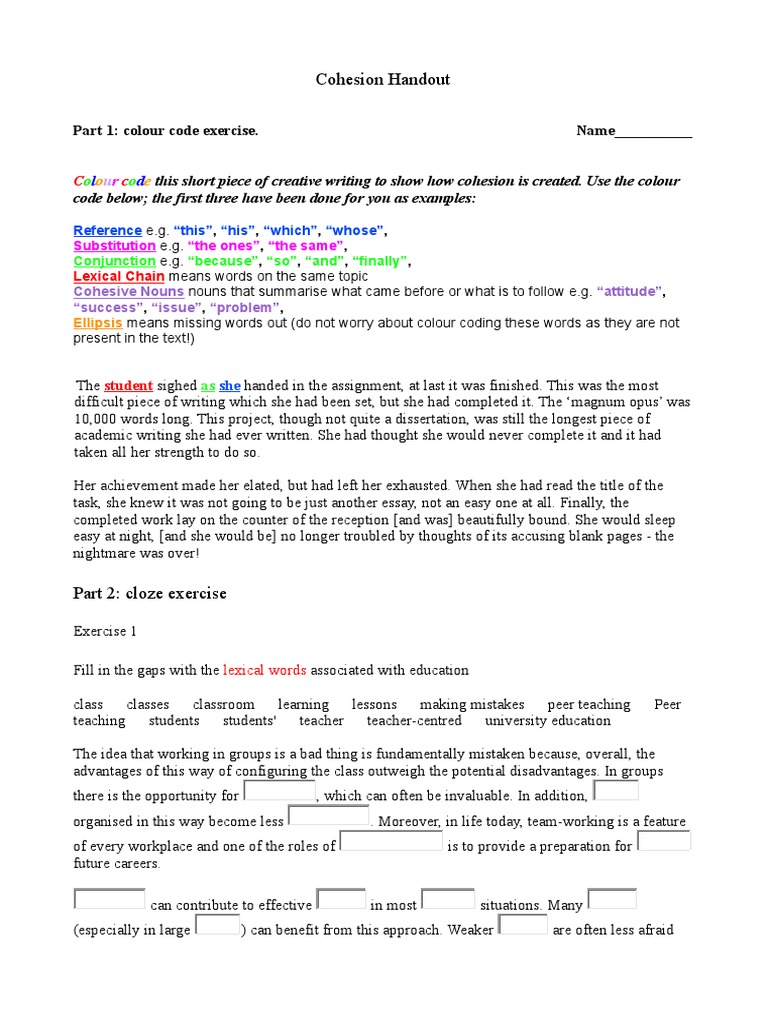 Cohesion Handout: Part 1: Colour Code Exercise. Name | PDF | Teachers ...