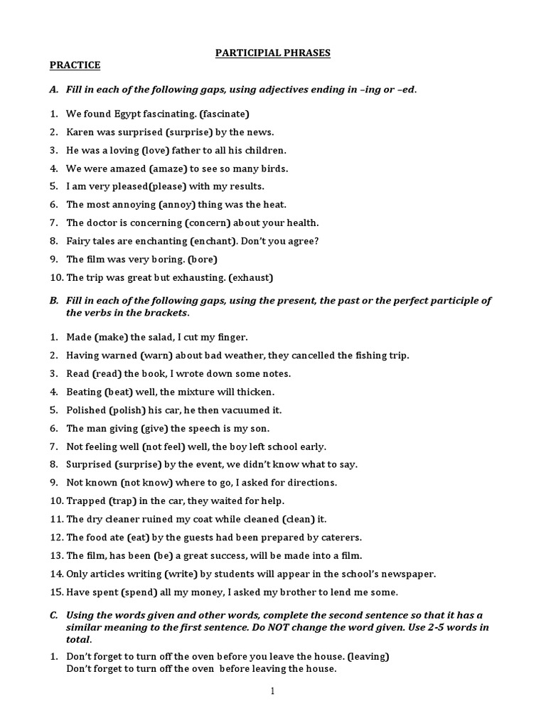 Participial Phrases Practice | PDF | Onomastics | Linguistic Typology