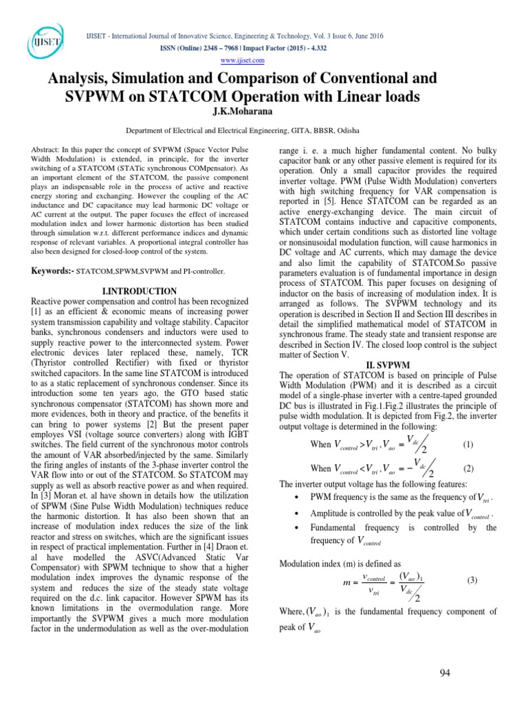 Analysis, Simulation and Comparison of Conventional and SVPWM On STATCOM Operation With Linear ...