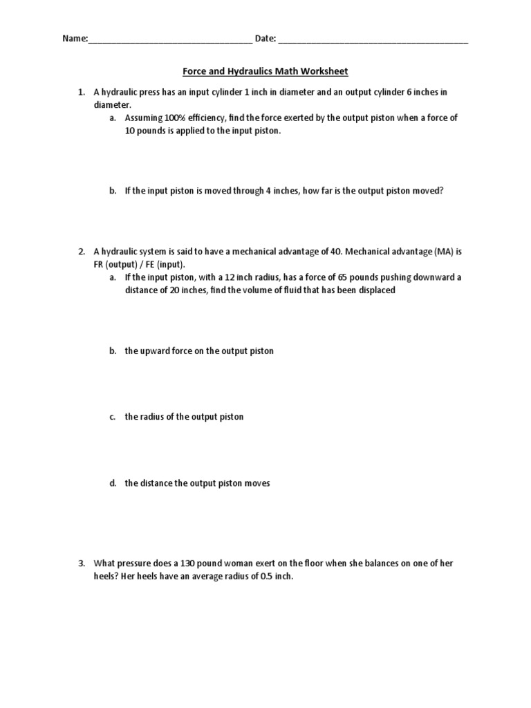 Force and Hydraulics Math Worksheet | PDF