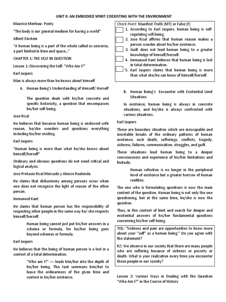 Unit Ii: An Embodied Spirit Coexisting With The Environment: Check ...