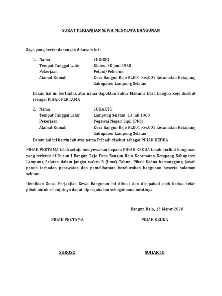 Surat Perjanjian Sewa Menyewa Bangunan Pdf