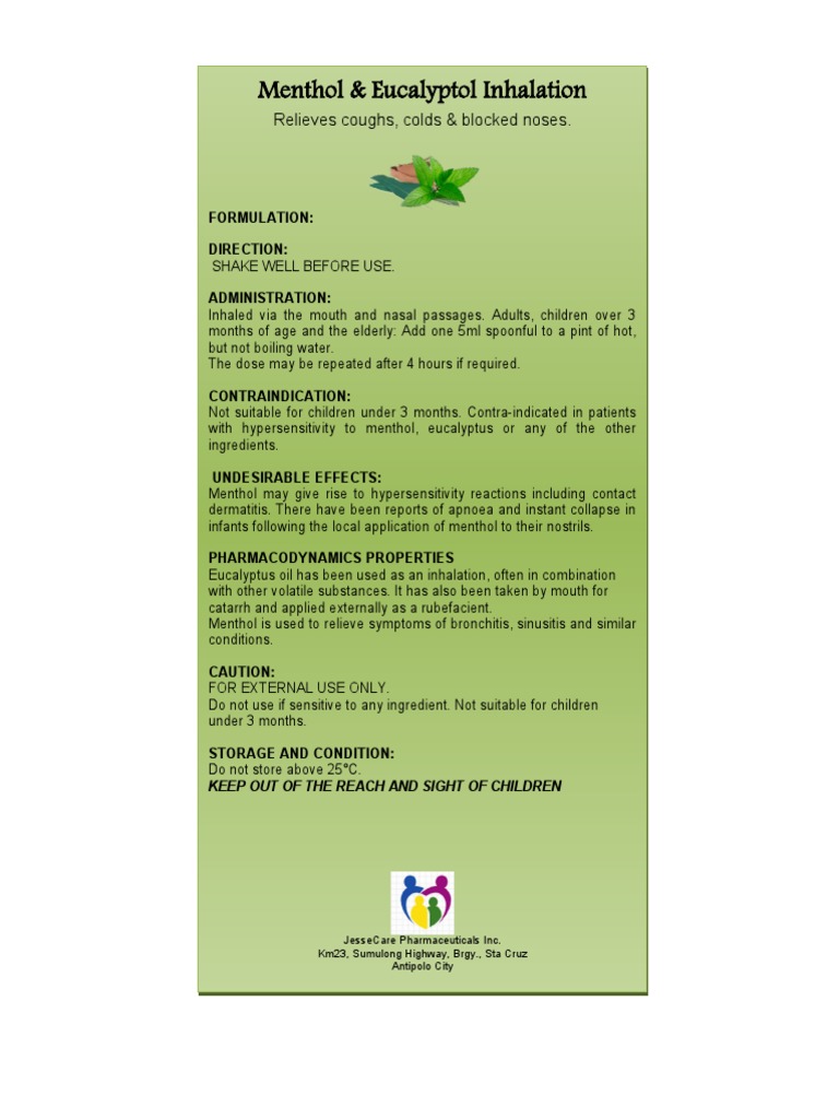 Menthol & Eucalyptol Inhalation: Relieves Coughs, Colds & Blocked Noses ...