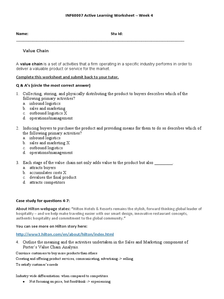 Value Chain: INF60007 Active Learning Worksheet - Week 4 | PDF | Value ...