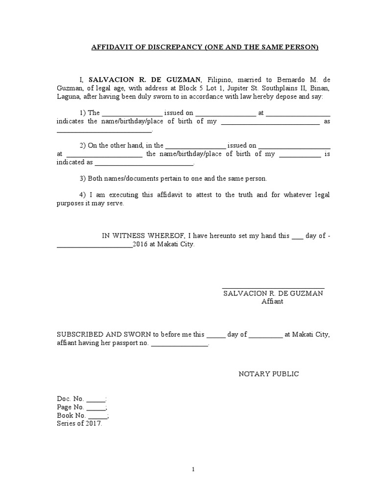 Affidavit of One and Same Person | PDF
