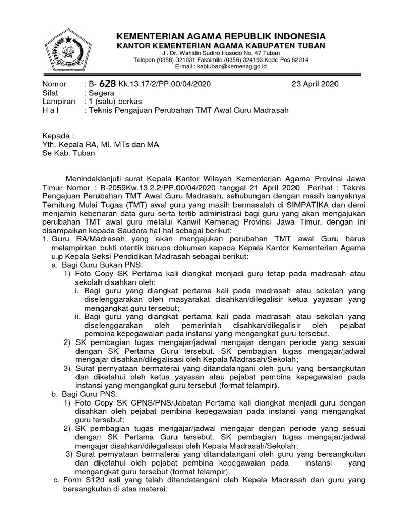 Surat Tatacara Perubahan TMT Guru | PDF