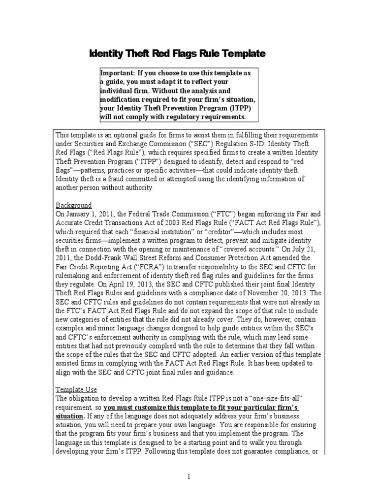 Identity Theft Red Flags Rule Template | PDF | Government | Corporate Law