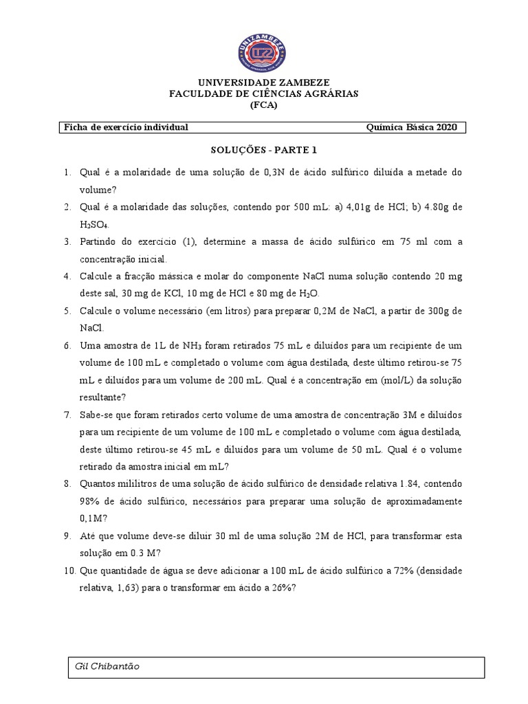 Soluções Químicas Exercícios Sobre Cálculos De Concentração E Volume