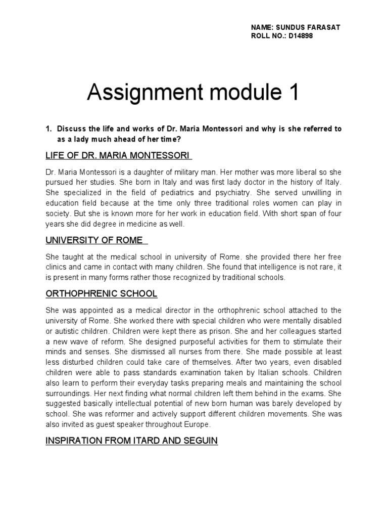 Assignment Module 1 Pmc Pdf Montessori Education Teachers