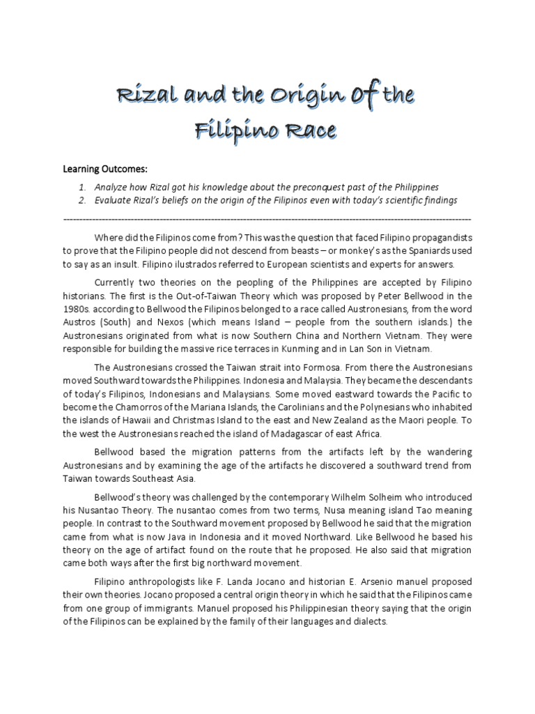 Rizal and The Origin of The Filipino Race - PDF | PDF | Philippines ...