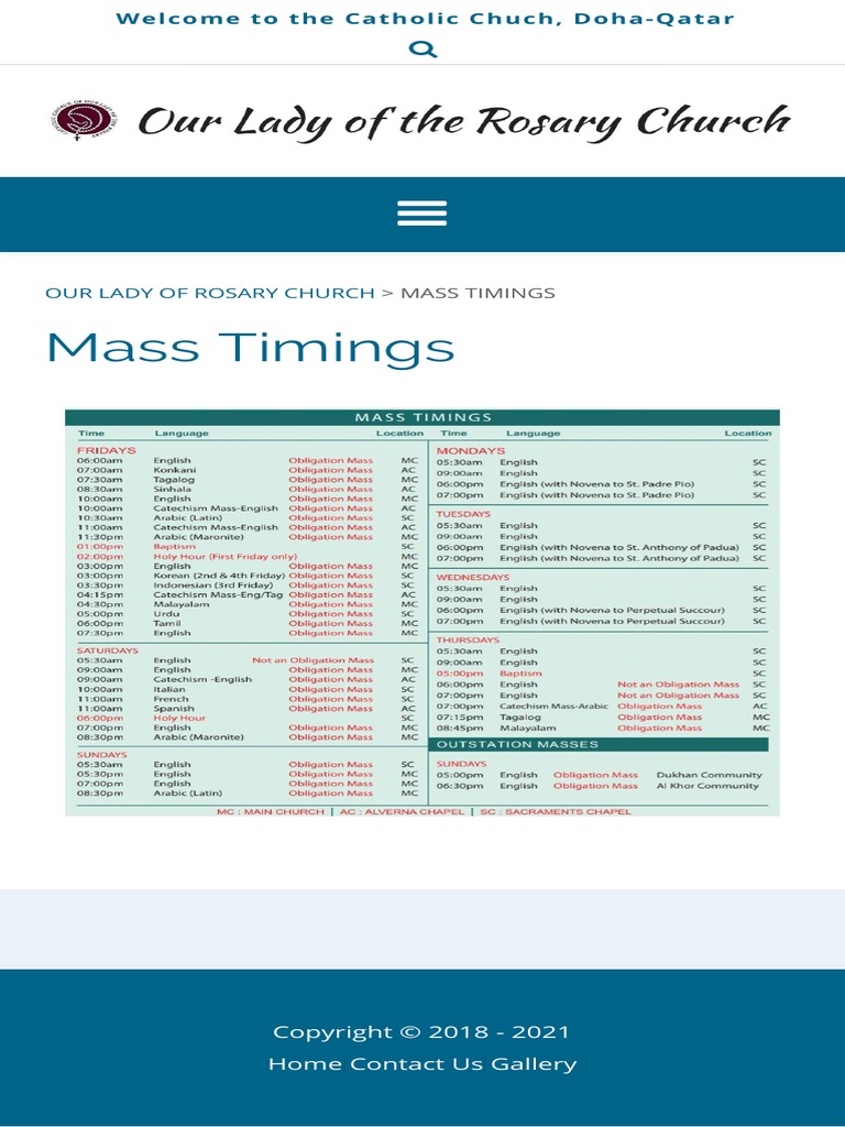 Mass Timings - Our Lady of Rosary Church | PDF