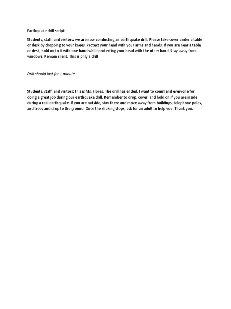 Earthquake Drill Announcement Script | PDF